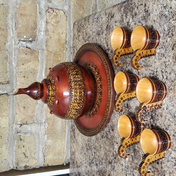 Accents | Rare Wood Carved Pitcher Plate And 6 Cup Set | Poshmark